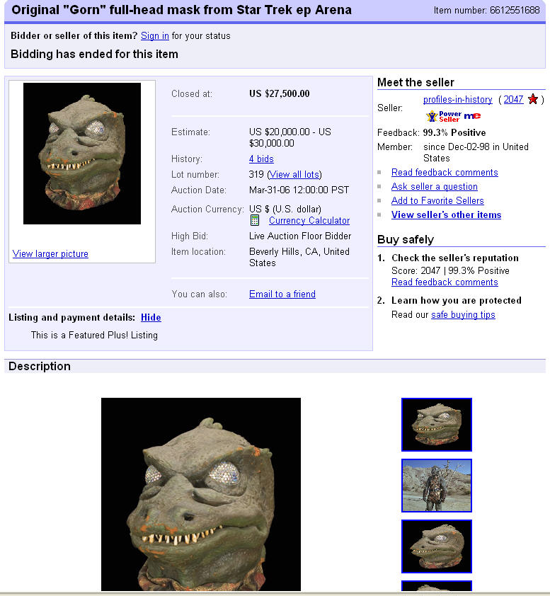 Star Trek Prop, Costume & Auction Authority: Gorn Costume from TOS ...