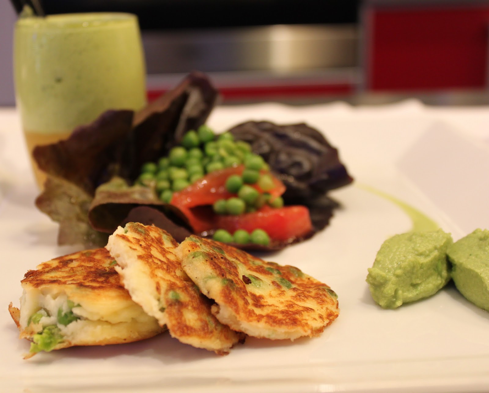 GREEN PEAS ESPUMA AND VEGETABLES BLINIS, TOMATOE JUICE