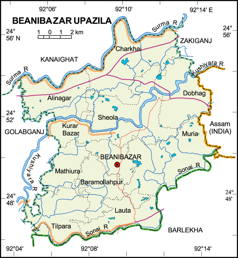 Maps of Bangladesh: Political Map of Beanibazar Upazila