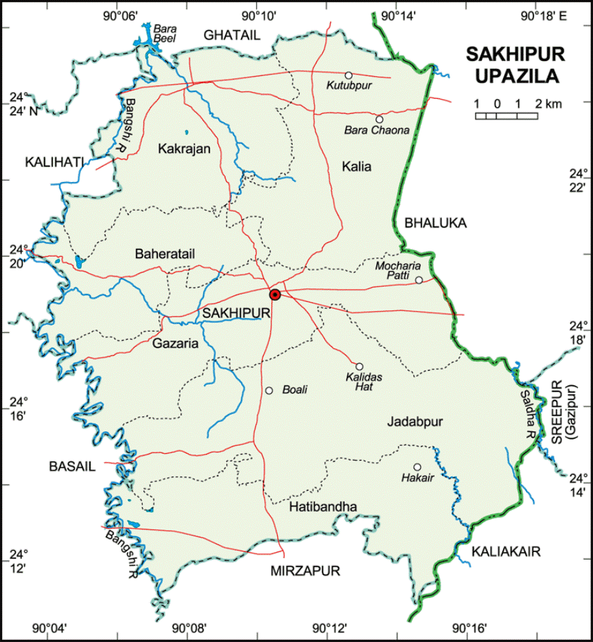 Maps of Bangladesh: Political Map of Sakhipur Upazila - Tangail District