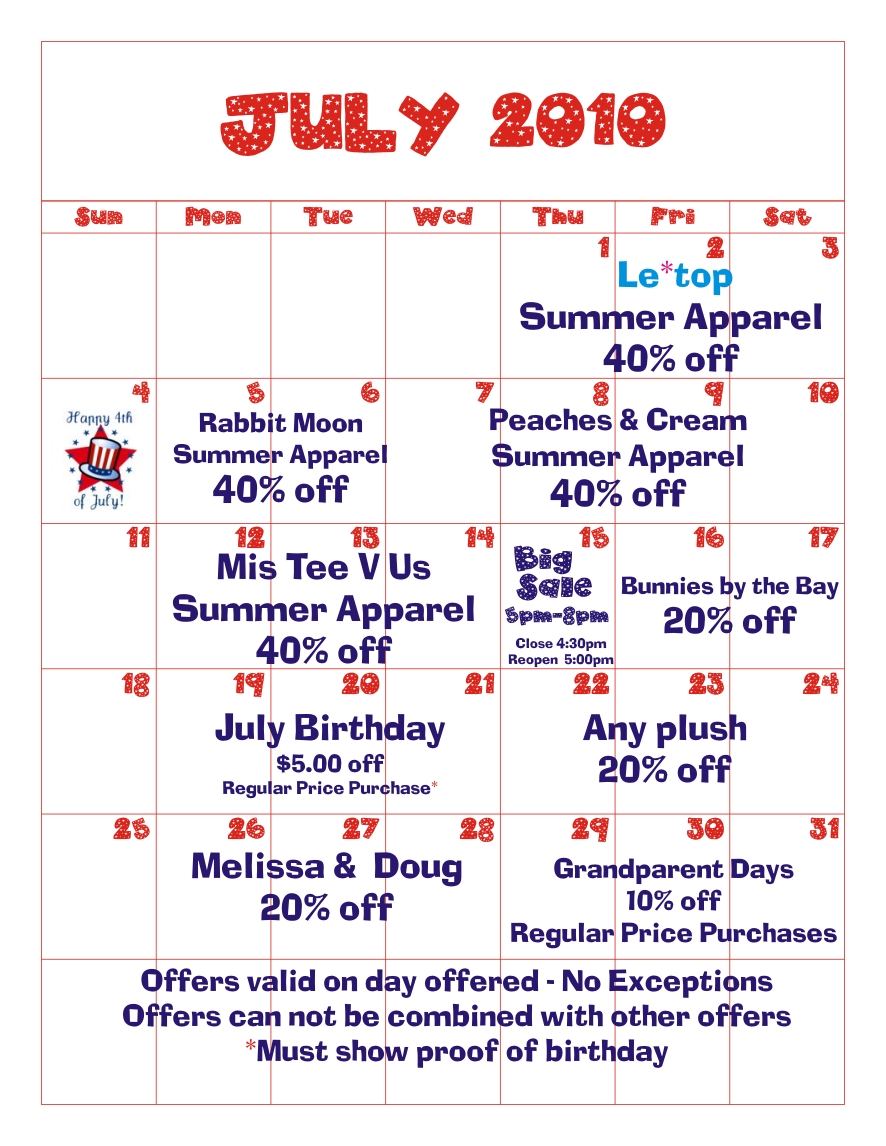Kidstuff Boutique: July Calendar 2010