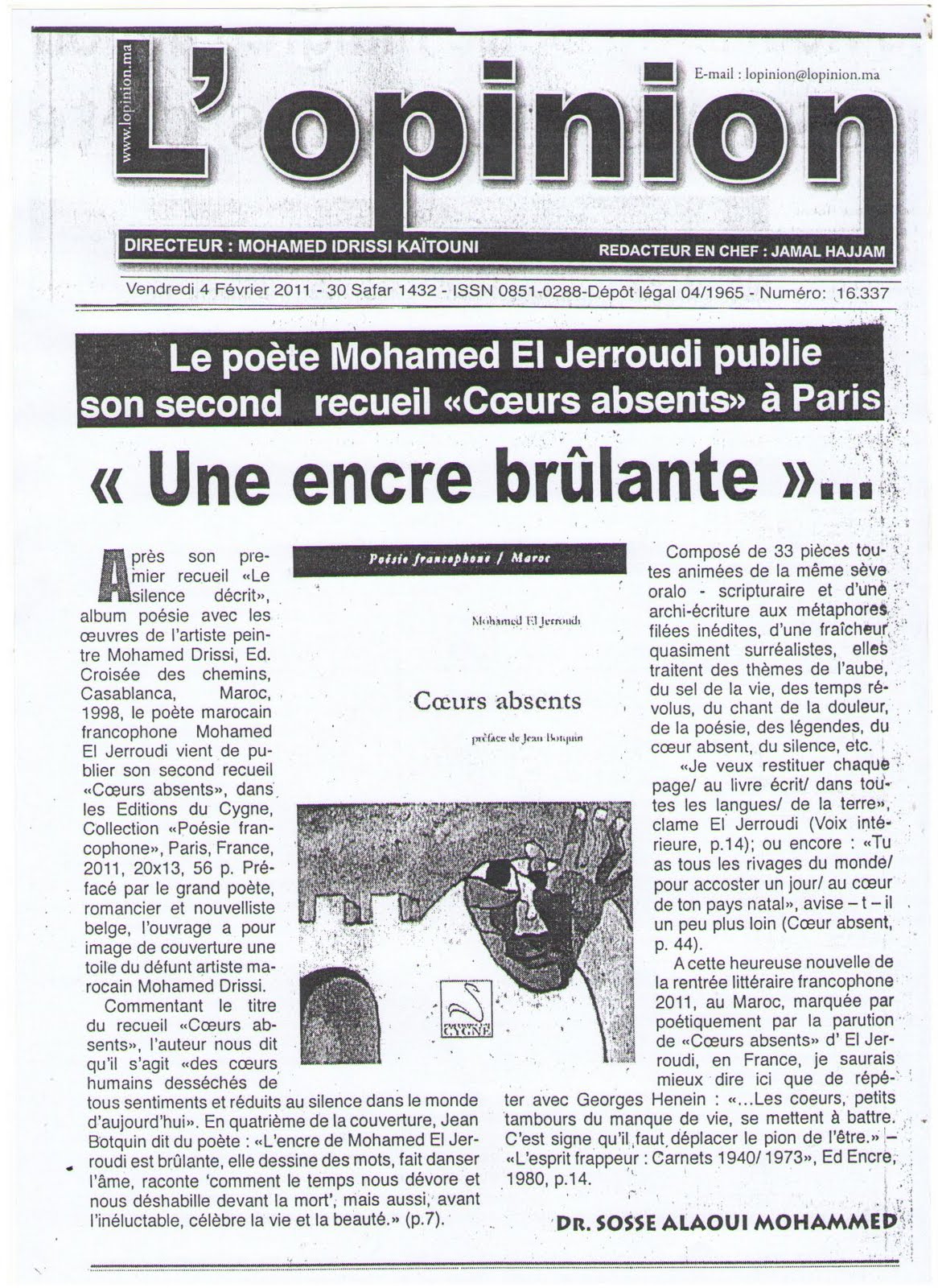 Jean Botquin.Ecrits: Mohamed El Jerroudi salué dans un journal Marocain