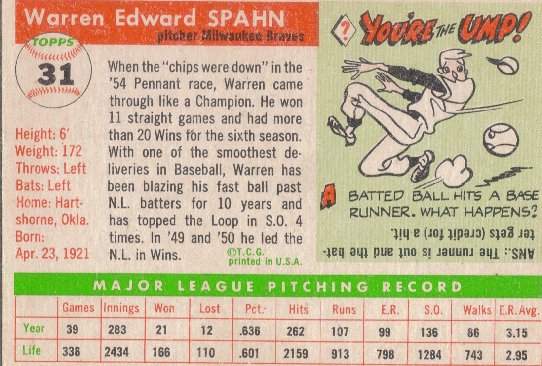 foul bunt: 1955 Topps #31 - Warren Spahn