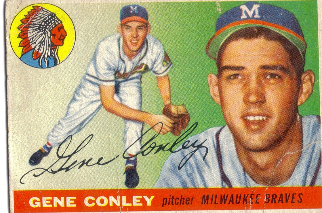 foul bunt: 1955 Topps #81 - Gene Conley