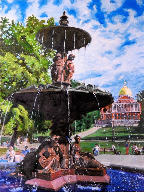Michael Dean Original Art: Boston Common Fountain & State House
