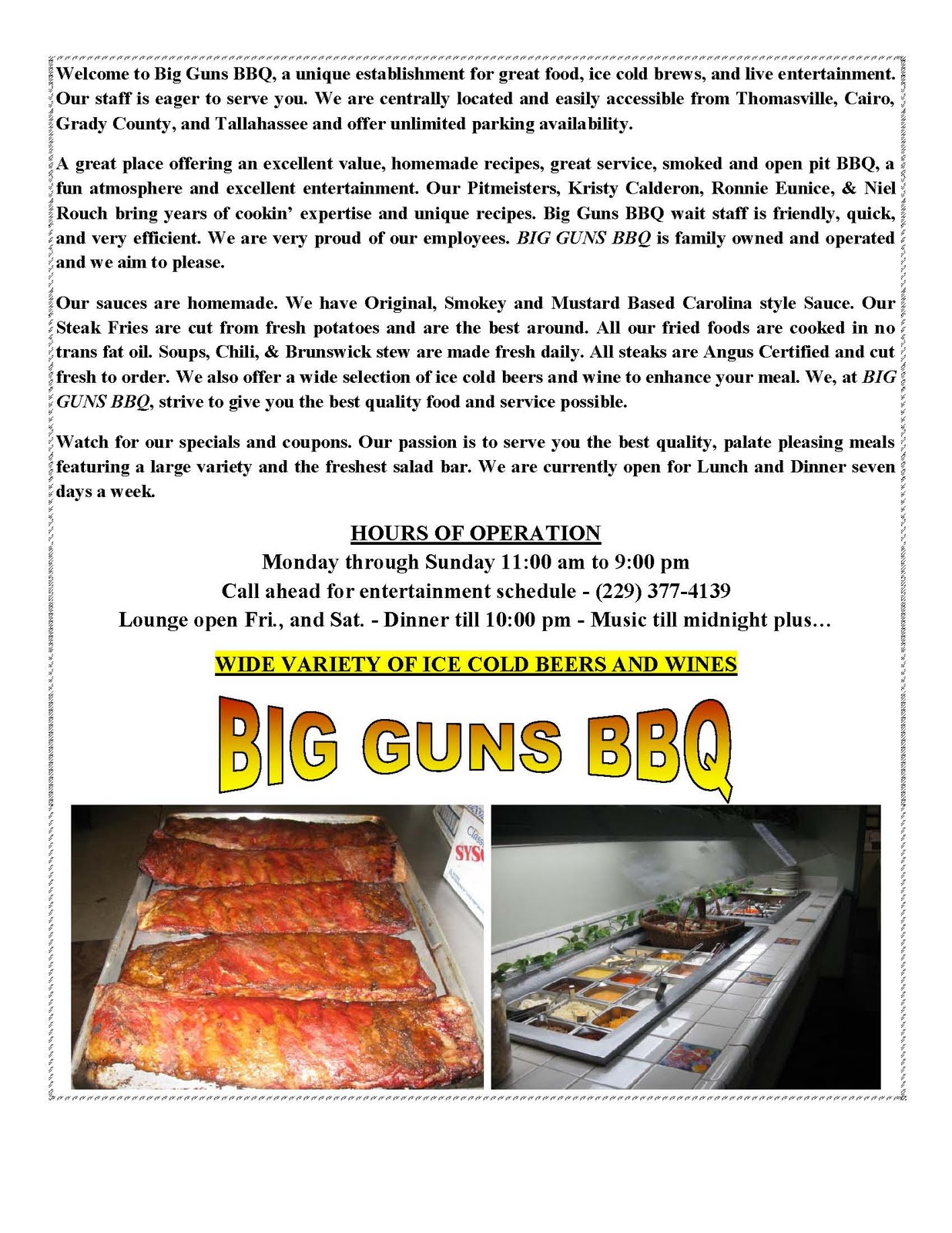 BIG GUNS BBQ, INC: A copy of New Menu