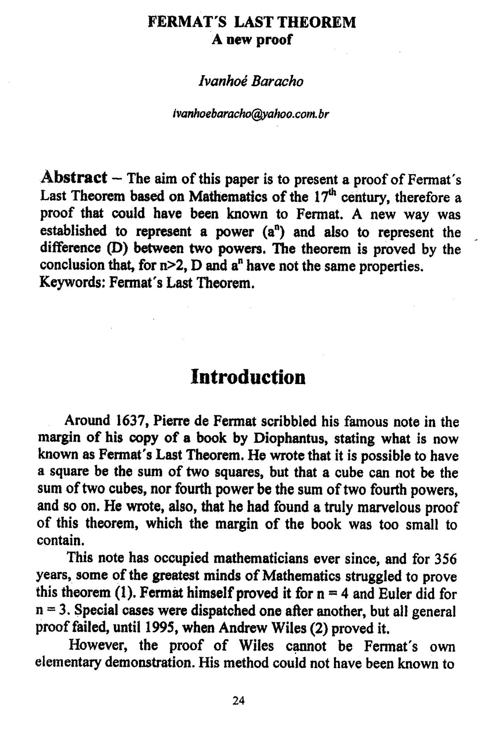 Fermat's Last Theorem a new proof: FERMAT'S LAST THEOREM - A new proof.