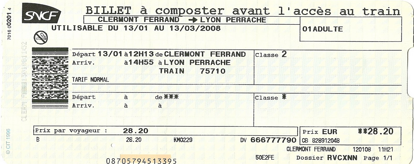 The traveler's drawer: SNCF. Billet Clermont Ferrand - Lyon Perrache (2008)
