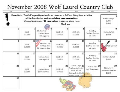 Wolf Laurel Country Club Bulletin Board: November, 2008 Calendar