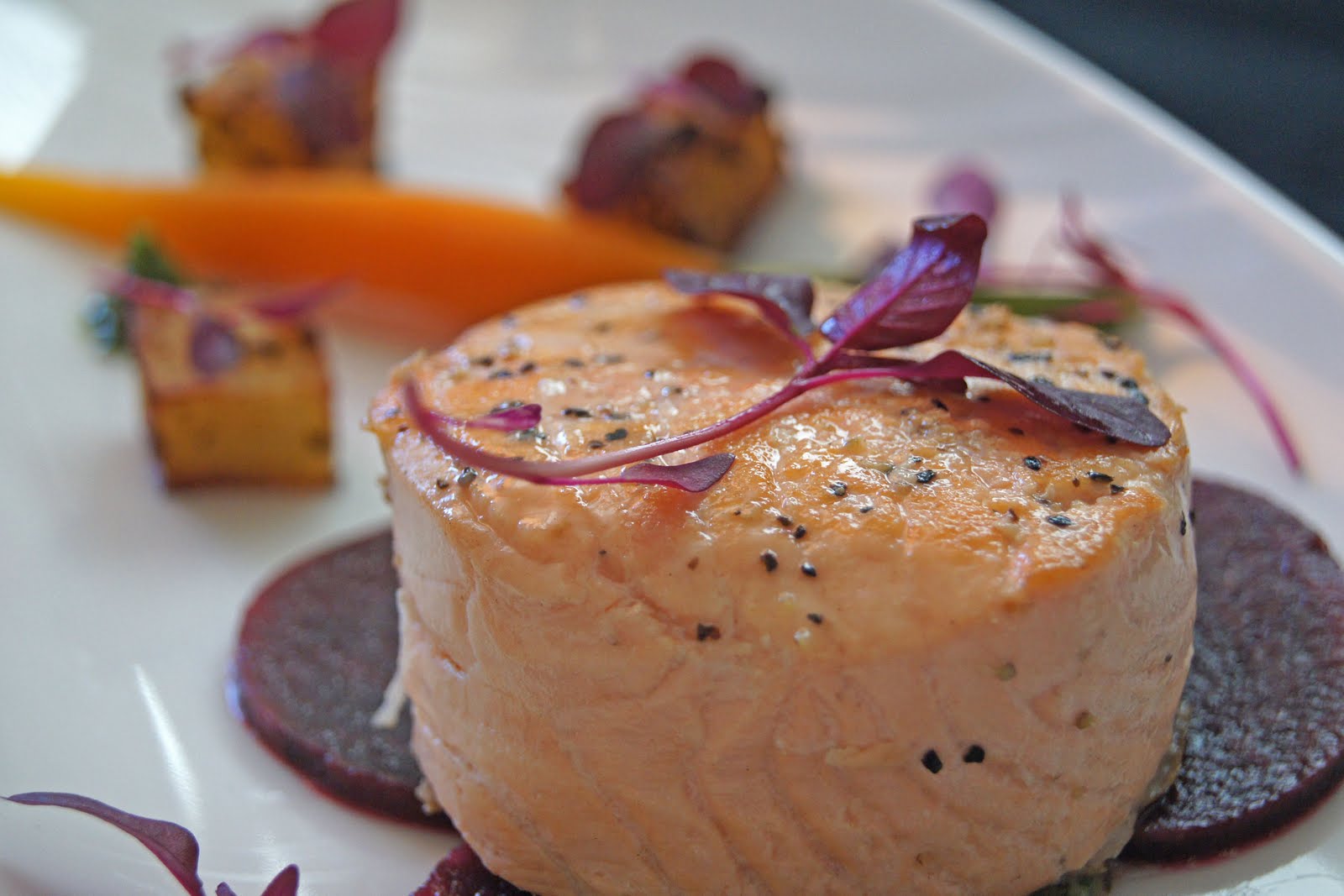 Mise en place: Poached Salmon, vichy carrots, sweet potato parmentier ...
