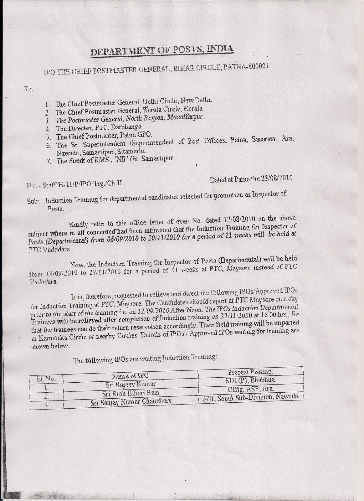 All India Association of IPs / ASPs, Bihar Circle Branch: Rescheduled ...