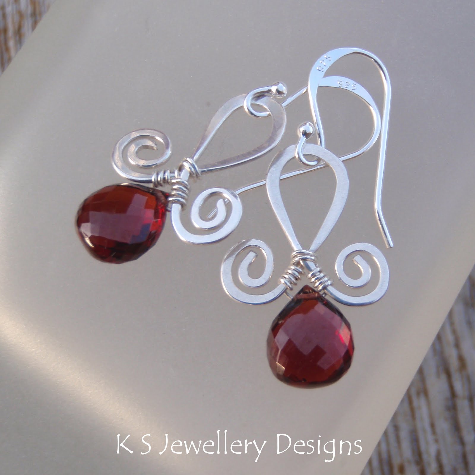 K S Jewellery Designs: Garnet Swirl Loop Earrings