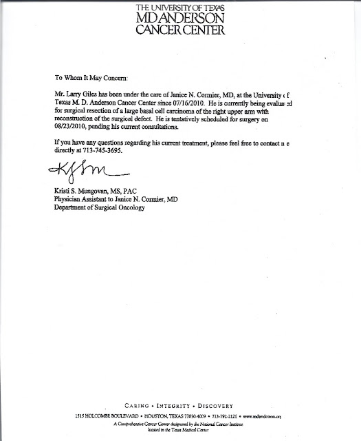 Larry Giles Cancer Benefit: Letter from Doctor (Click & scroll down to see)