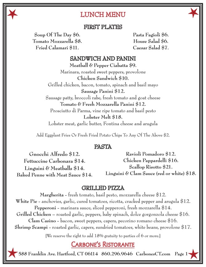 Carbone's Ristorante: Menu: