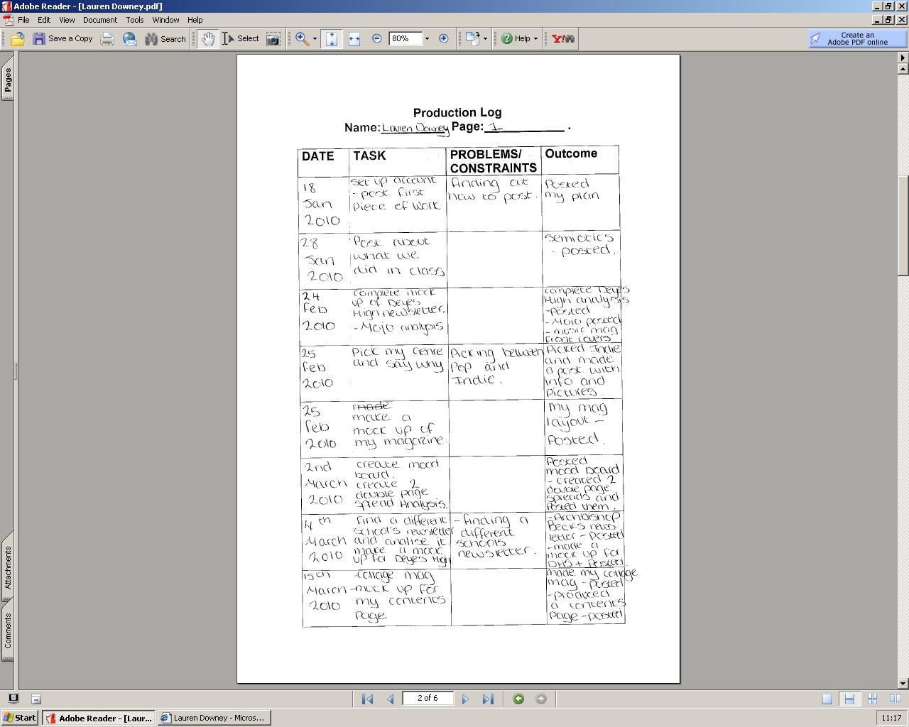 Lauren Downey: Production Log
