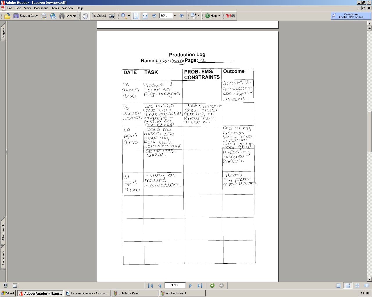 Lauren Downey: Production Log