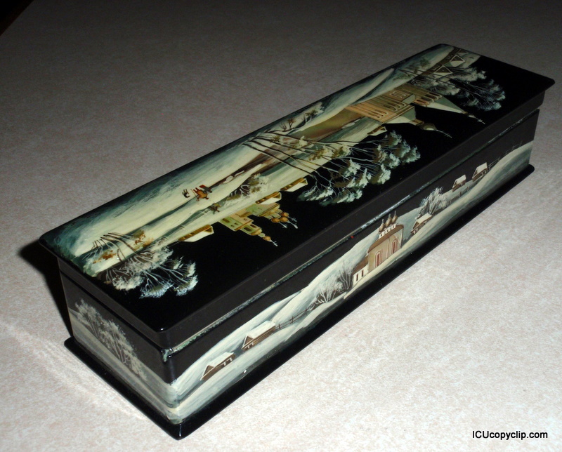 Russian Lacquer Boxes: 10" Signed Fedoskino Wintry Town Russian Lacquer Box