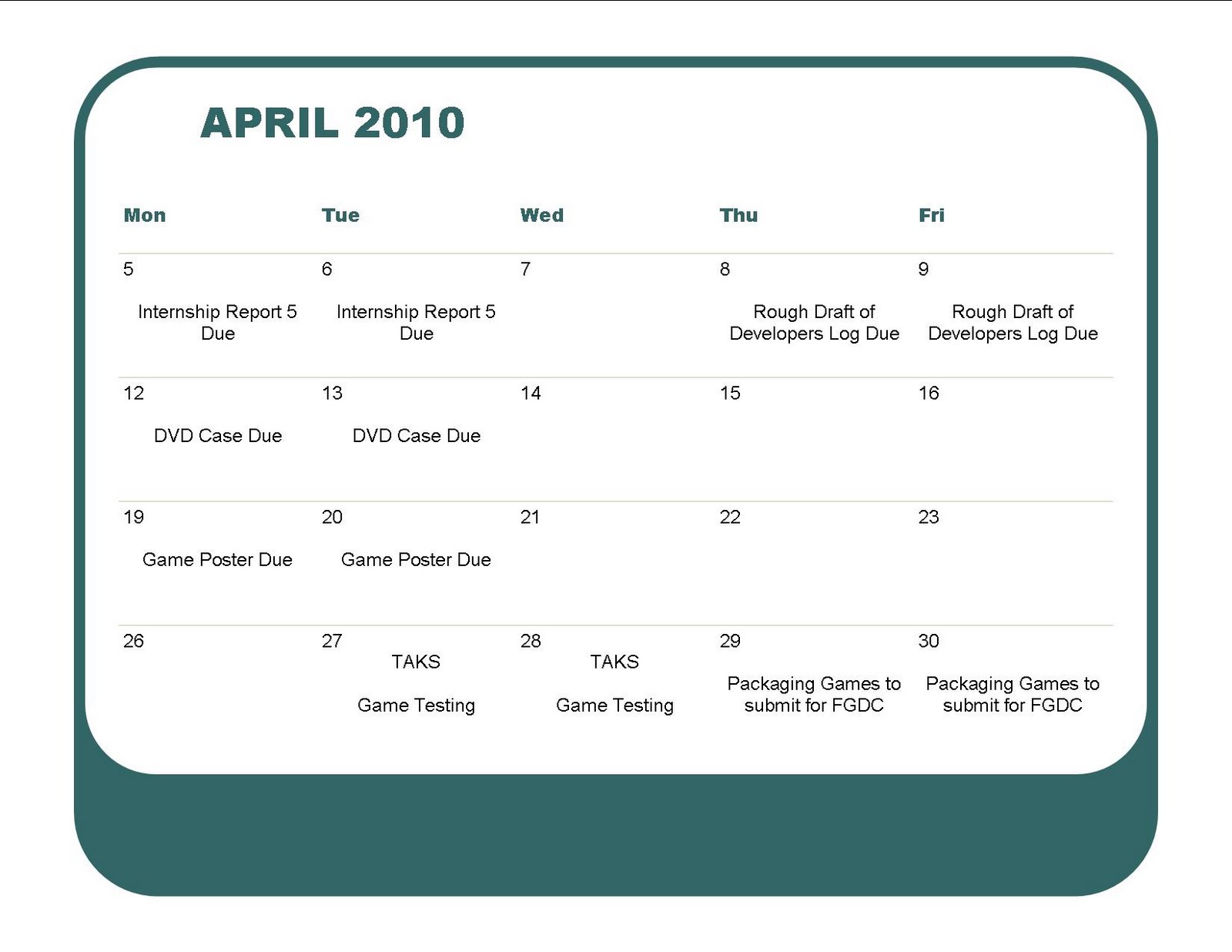 Video Game Design: April Schedule