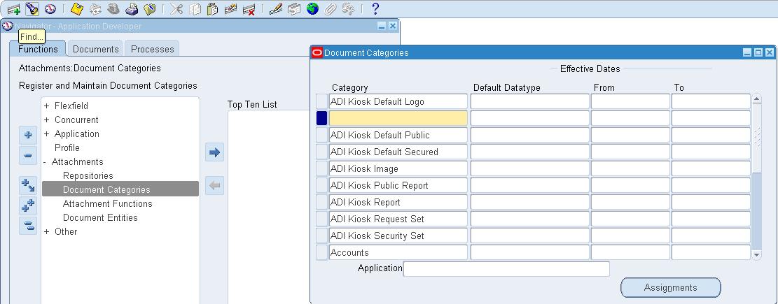Oracle Database and Oracle Applications: Custom Document Categories