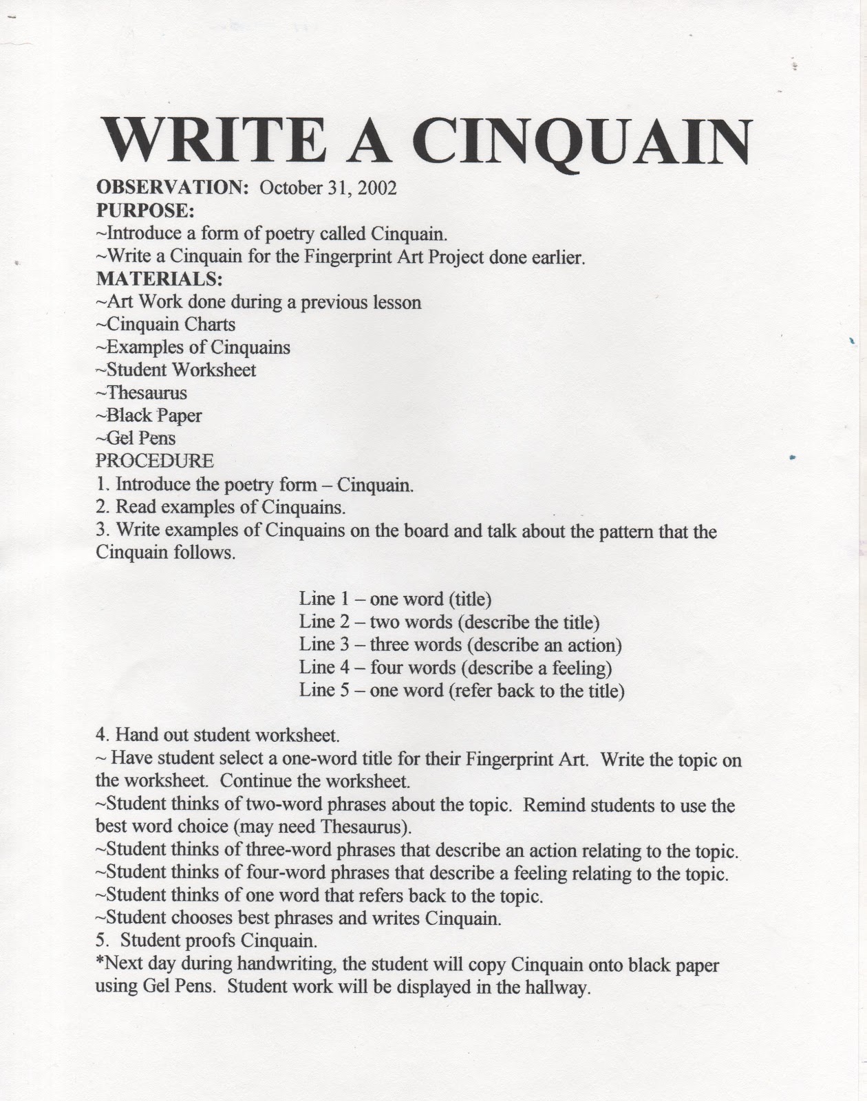 ELEMENTARY SCHOOL ENRICHMENT ACTIVITIES: LESSON ON CINQUAINS