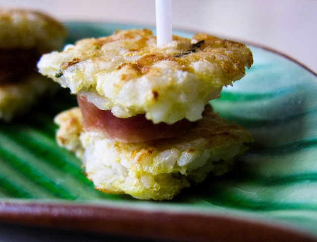 the indolent cook: crispy rice cake + chinese sausage canapes
