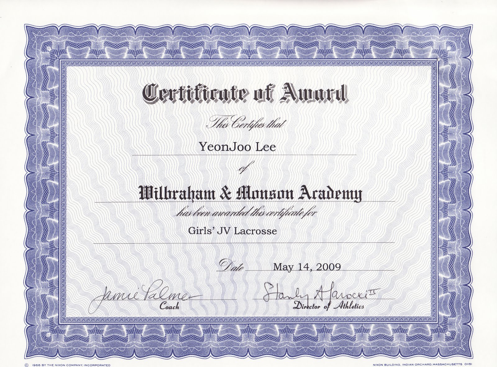 LEE YEON JOO: Certificate -Girls' JV Lacrosse 5.14.2009