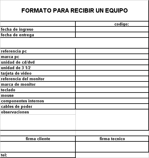 MANTENIMIENTO DE EQUIPOS DE COMPUTO, "SENA": FORMATO PARA RECIBIR UN EQUIPO