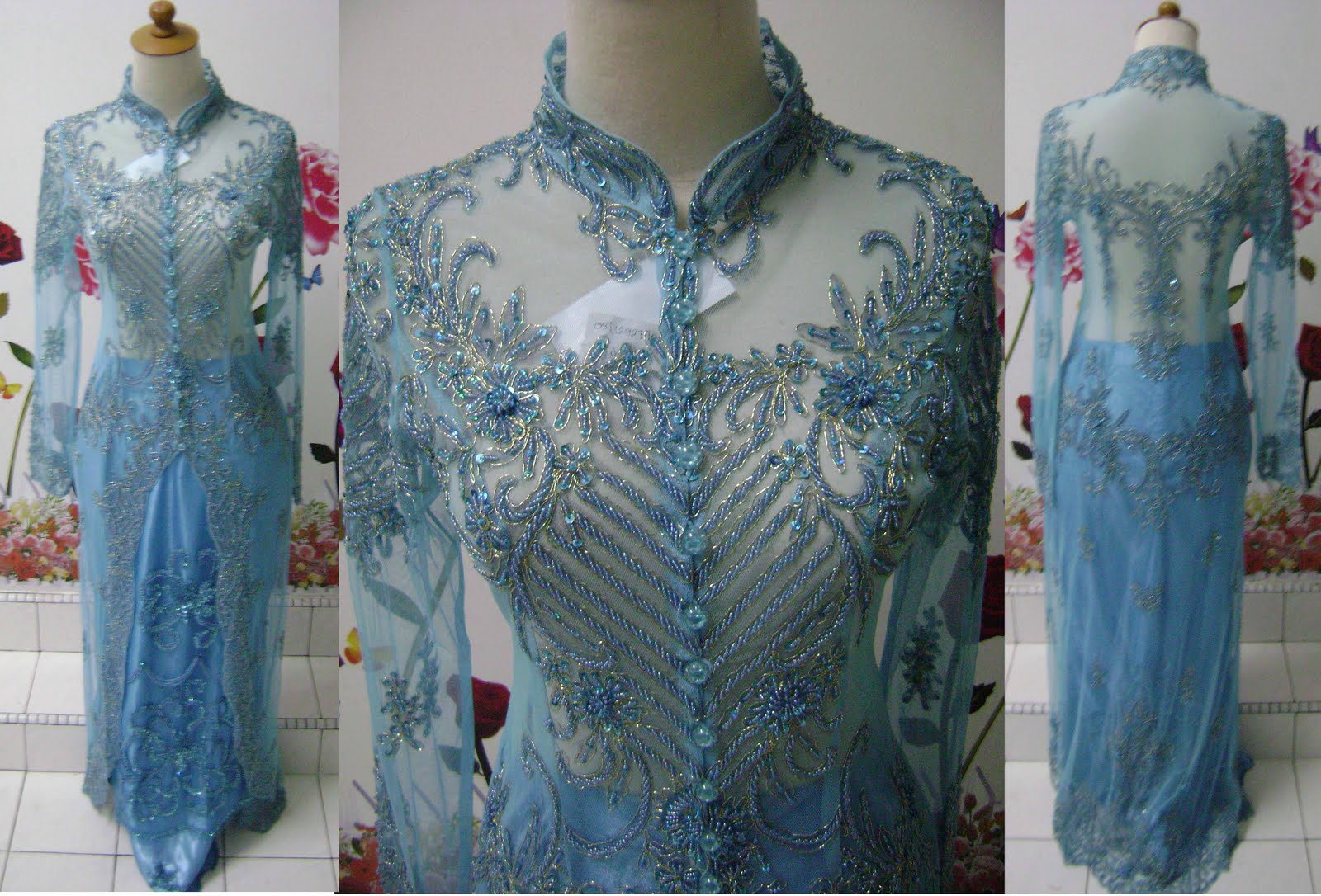 BAJU PENGANTIN KEBAYA SULAM: KEBAYA INDAH BIRU MUDA ( BAJU + KAIN ) = RM270