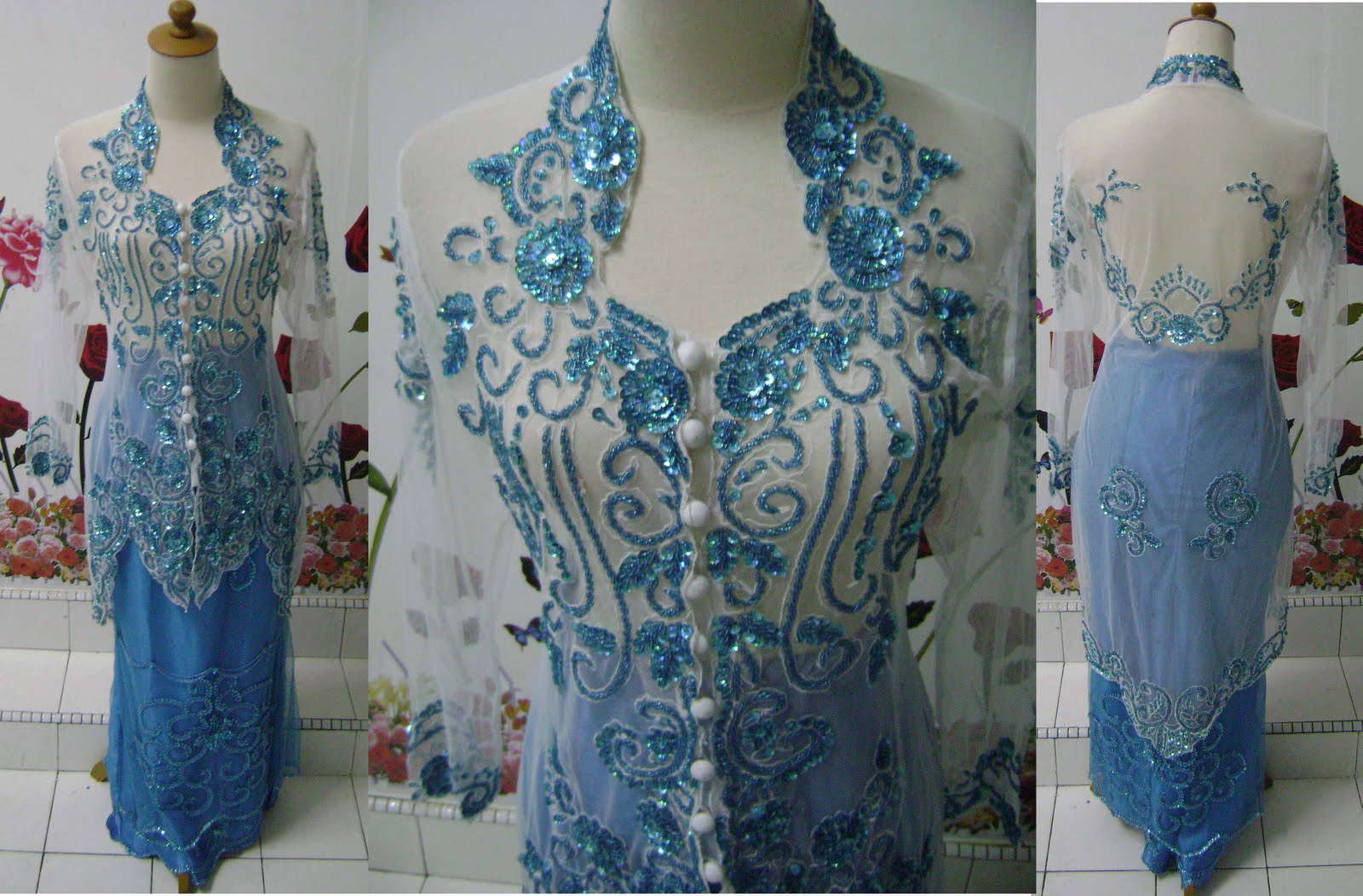 BAJU PENGANTIN KEBAYA SULAM: KEBAYA PENGUIN PUTIH BIRU (BAJU + KAIN ...