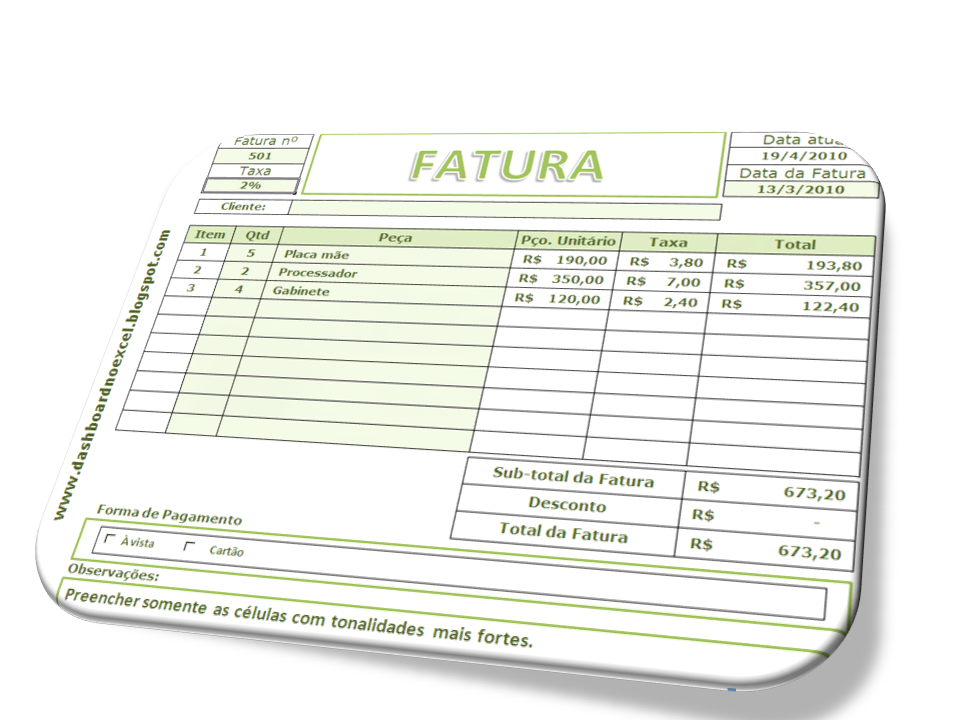TEMP DASHNOEXCEL: Modelo de Fatura