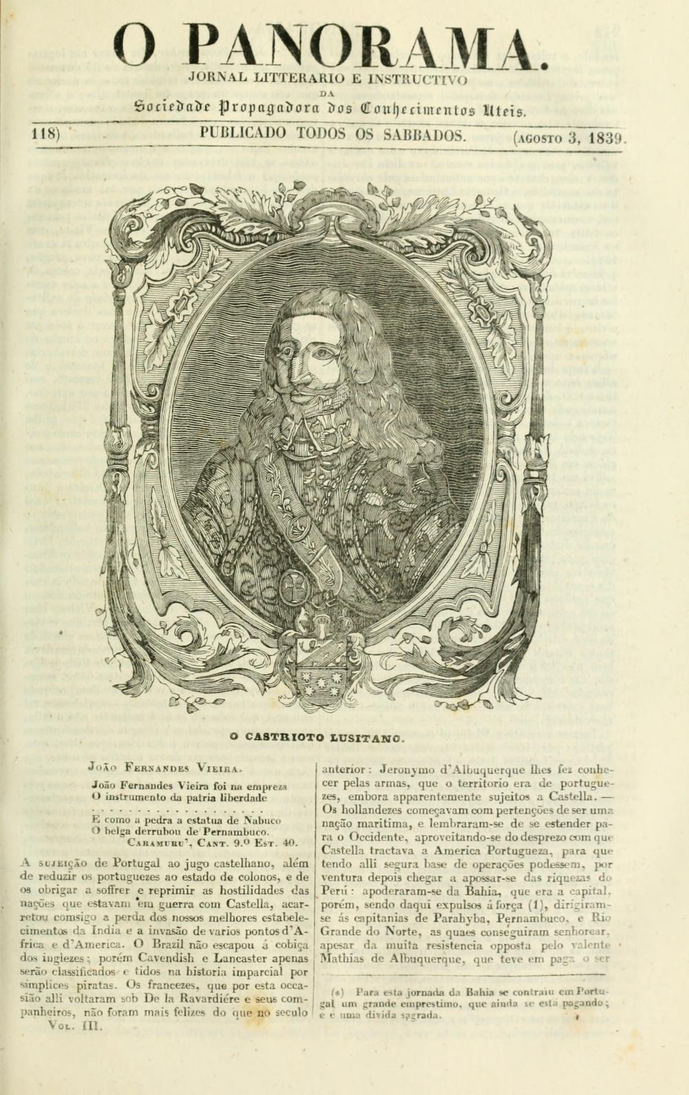 ARQUIVO HISTÓRICO (Madeira): «João Fernandes Vieira» - O Panorama (1839)