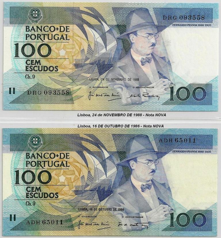Notas da República Portuguesa: 100 Escudos - Chapa 9 - Fernando Pessoa