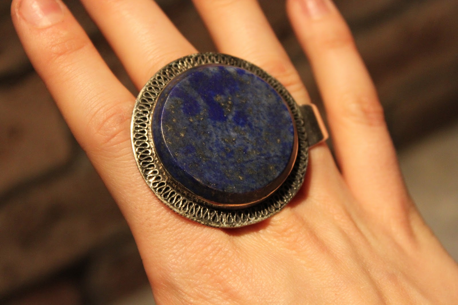 shop 5 inch and up: Oriental handmade round blue stone ring #22