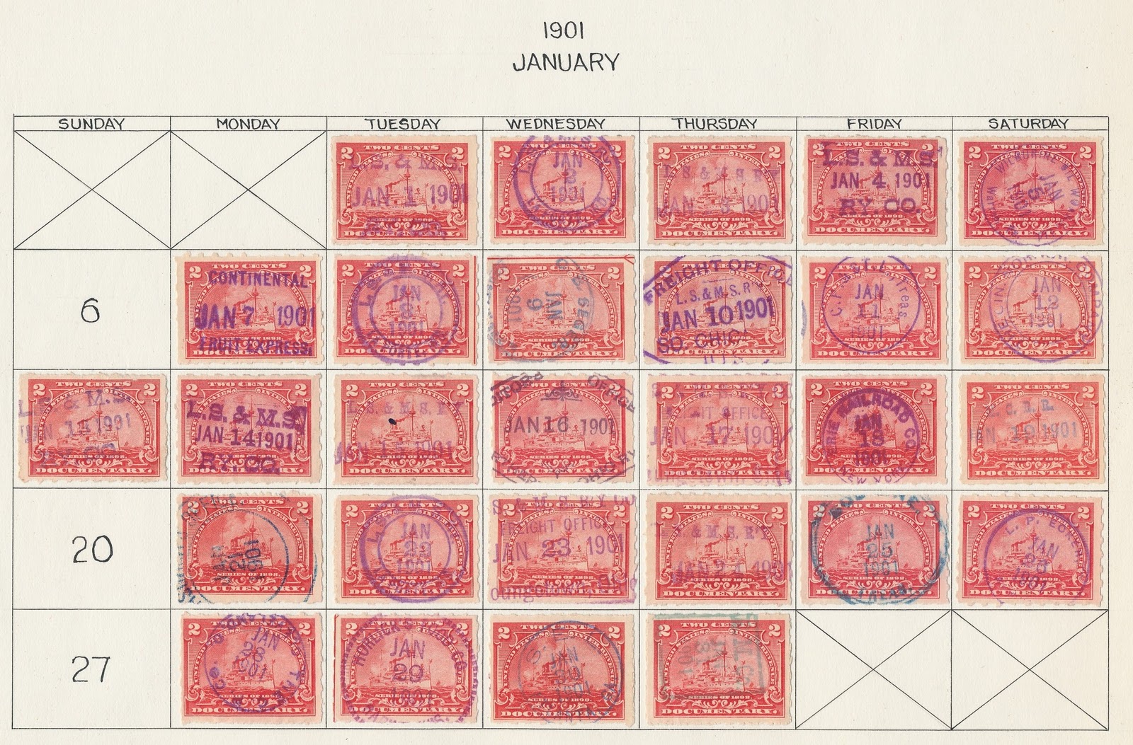 1898 Revenues: 2 Cent Documentary Calendar: Third Year of Use