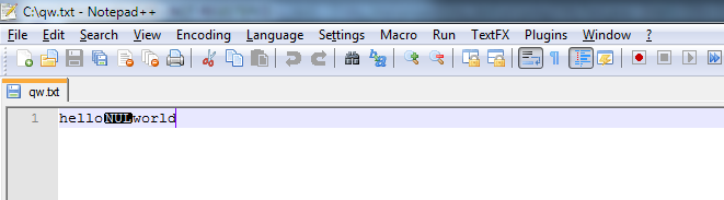 NUL character in Notepad++.