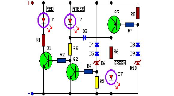 Power Electronics Circuits: Monitors battery voltage, Three-LED Display