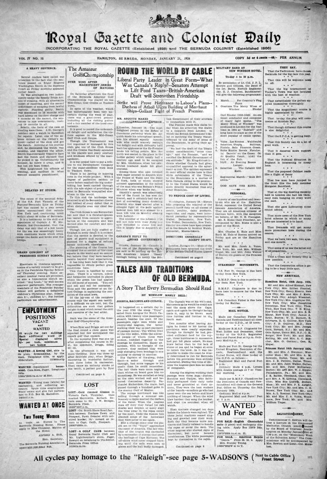 Bermuda History: [1924] The Royal Gazette (founded 1828)