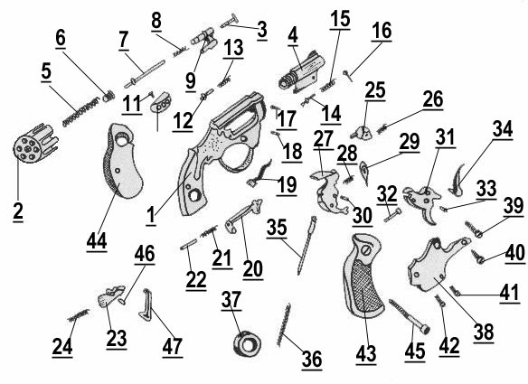 NOMBRES DE LAS PIEZAS, DEL DESPIECE TOTAL DEL REVOLVER CALIBRE 38 m.m ...