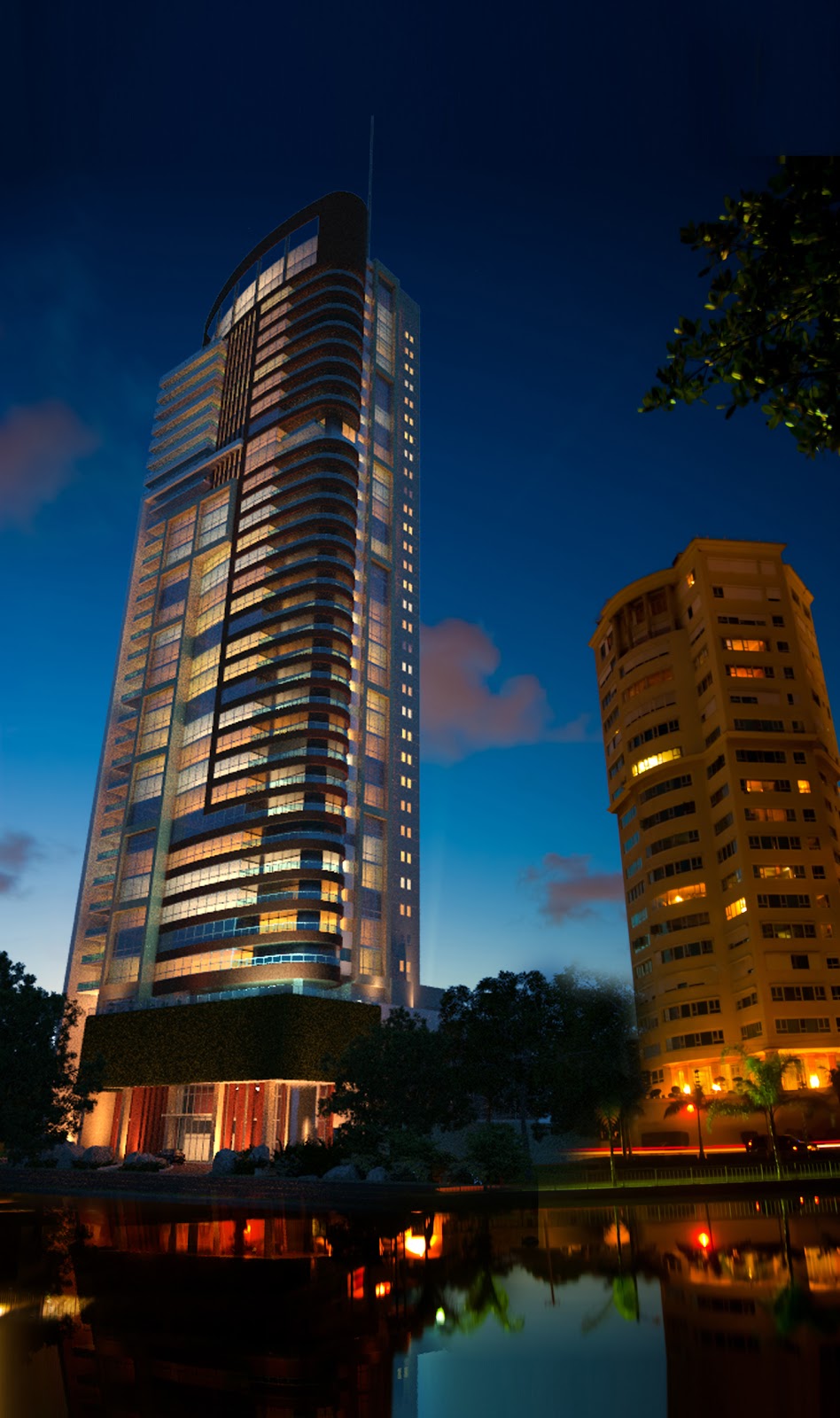 Pons Arquitectos: Torre Anacaona 27 vista nocturna desde el lago