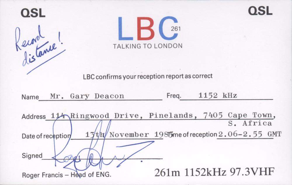Cape Dx - Gary Deacon: U.K. LBC London 1152 kHz QSL and Audio