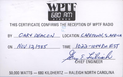 Cape Dx - Gary Deacon: WPTF Raleigh NC 680 kHz QSL