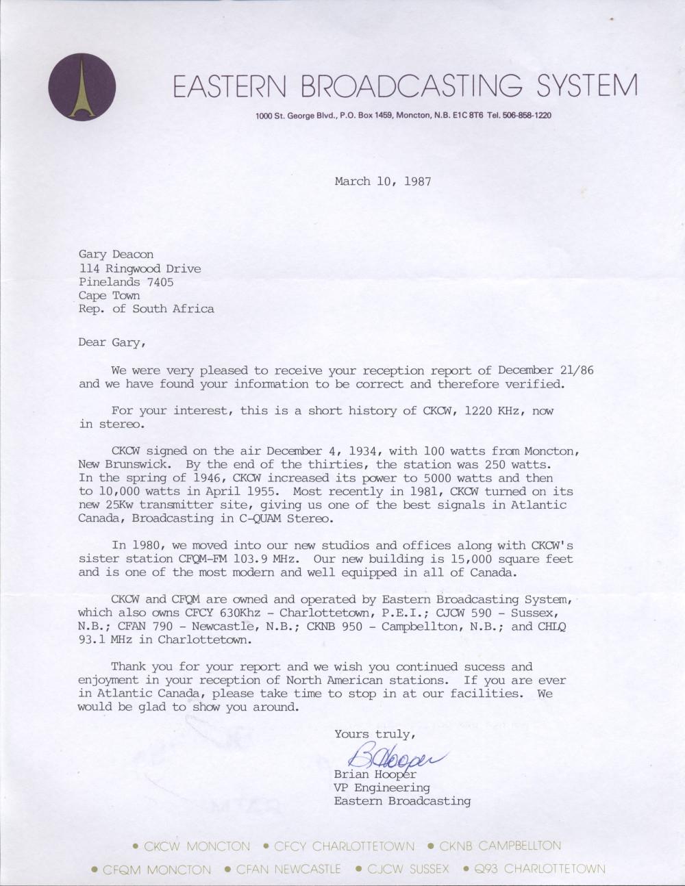 Cape Dx - Gary Deacon: CKCW Moncton New Brunswick 1220 kHz QSL
