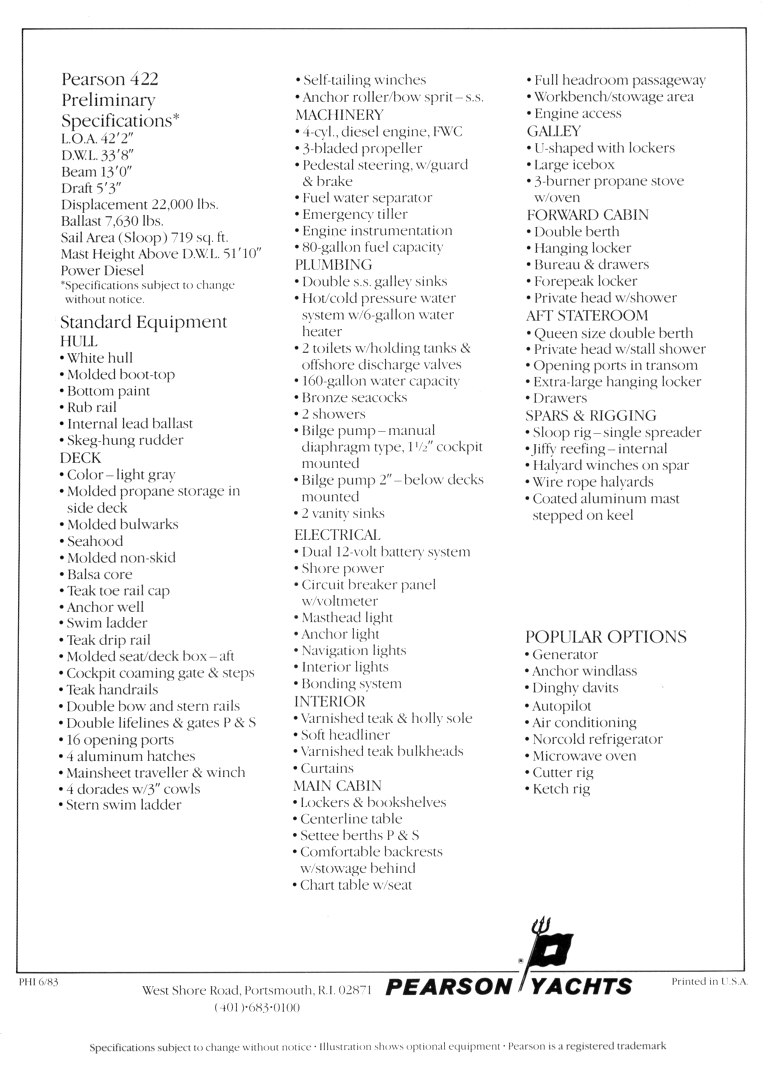 Pearson 422 Owners: Specs