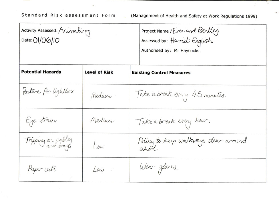 Animation: Animation Standard Risk Assessment Form and Production Schedule