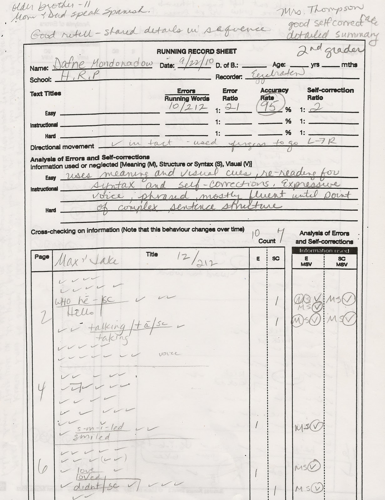 EDRG604 Diverse Learner: Entry # 7 Running Records and Miscue Analysis