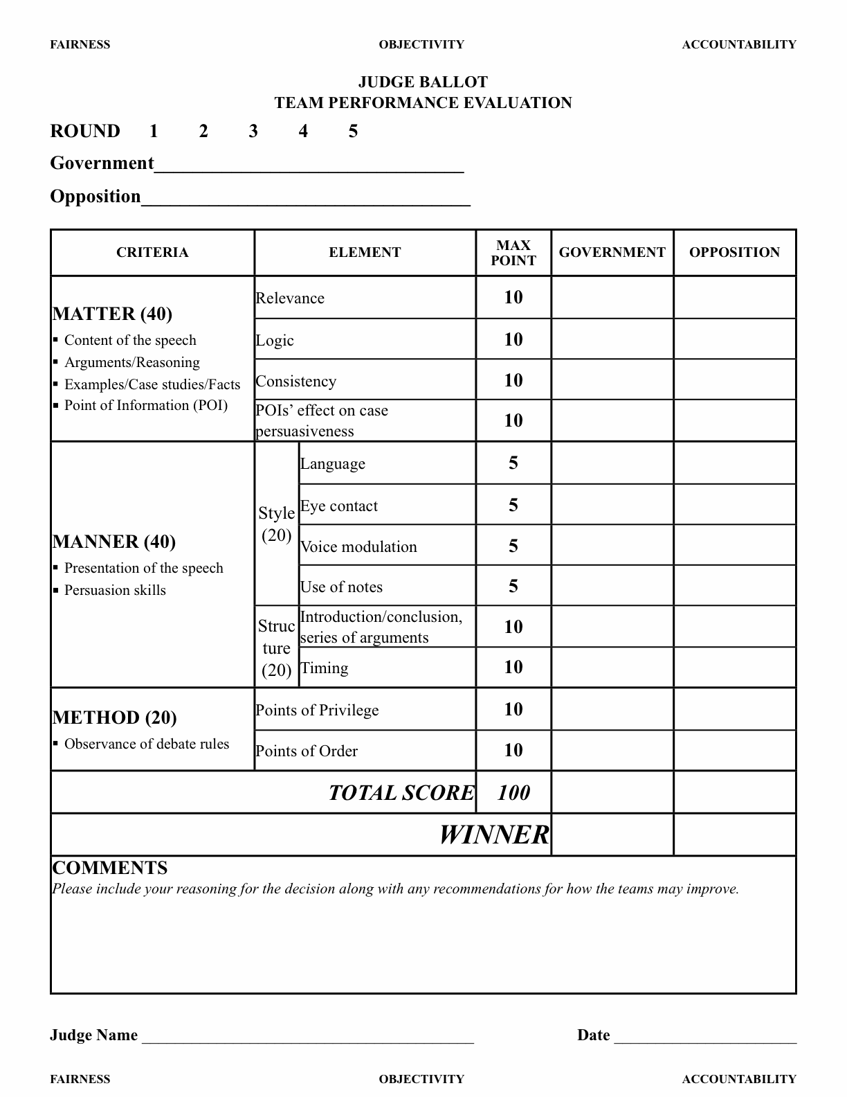 Inter-GSIS Open Debating Championship: judging ballot and instructions