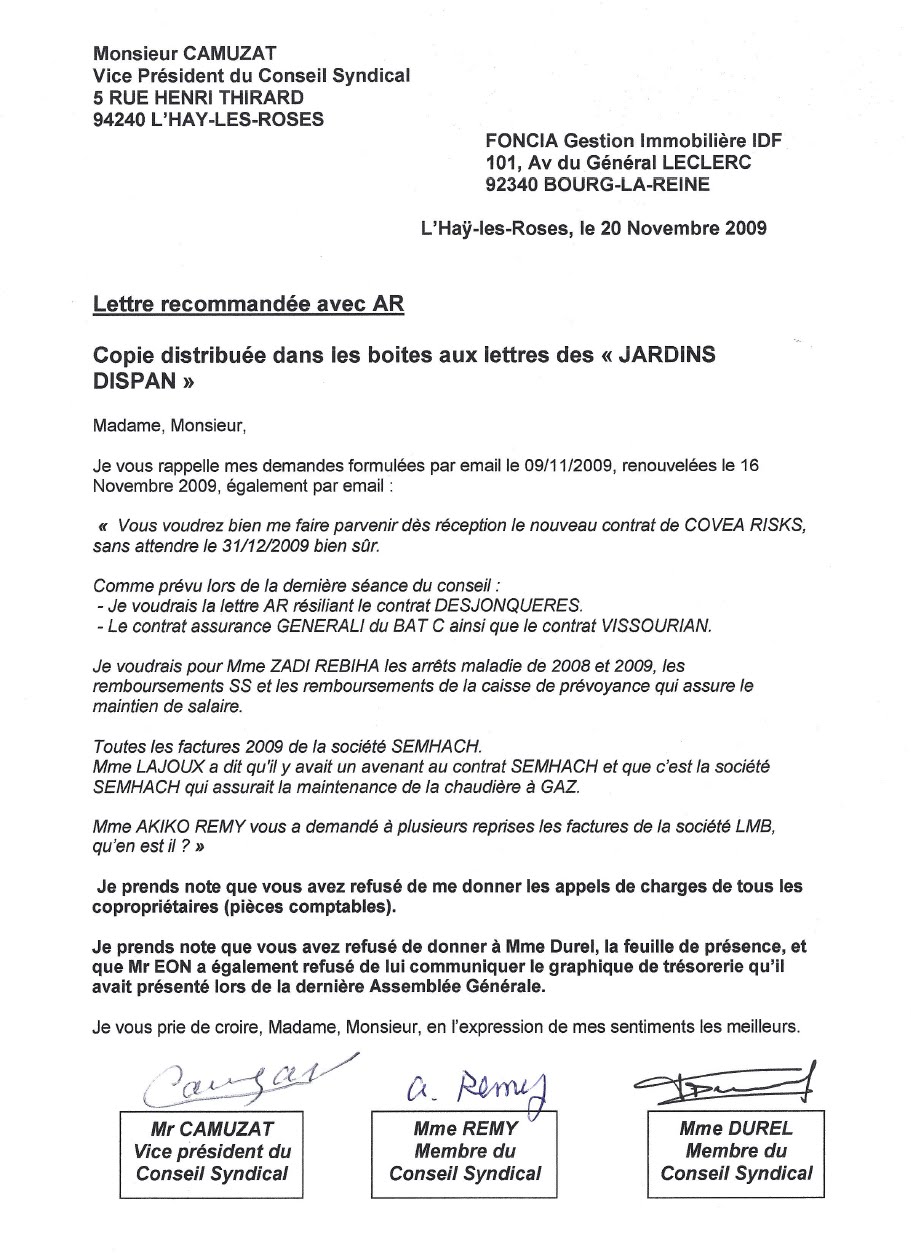 COPROPRIETAIRES: LETTRE AR ENVOYEE A FONCIA
