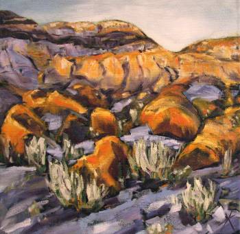 Kim Blair Artist: Landscape painting of Badlands Alberta, Orange Rocks ...