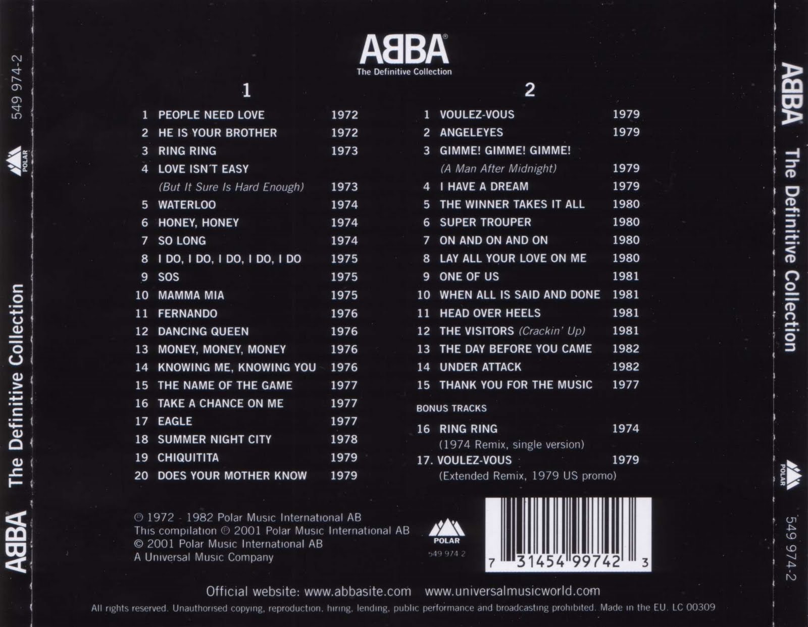 CARATULAS DE CD DE MUSICA: Abba The Definitive Collection (2001)