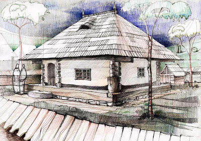Desene Arhitectura: Casa taraneasca - colorata
